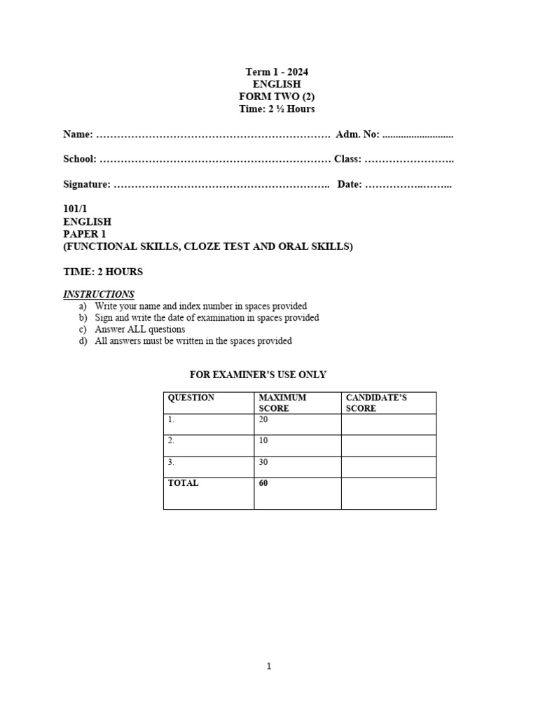 Form 2 - English - Question Paper | PDF | Cognition