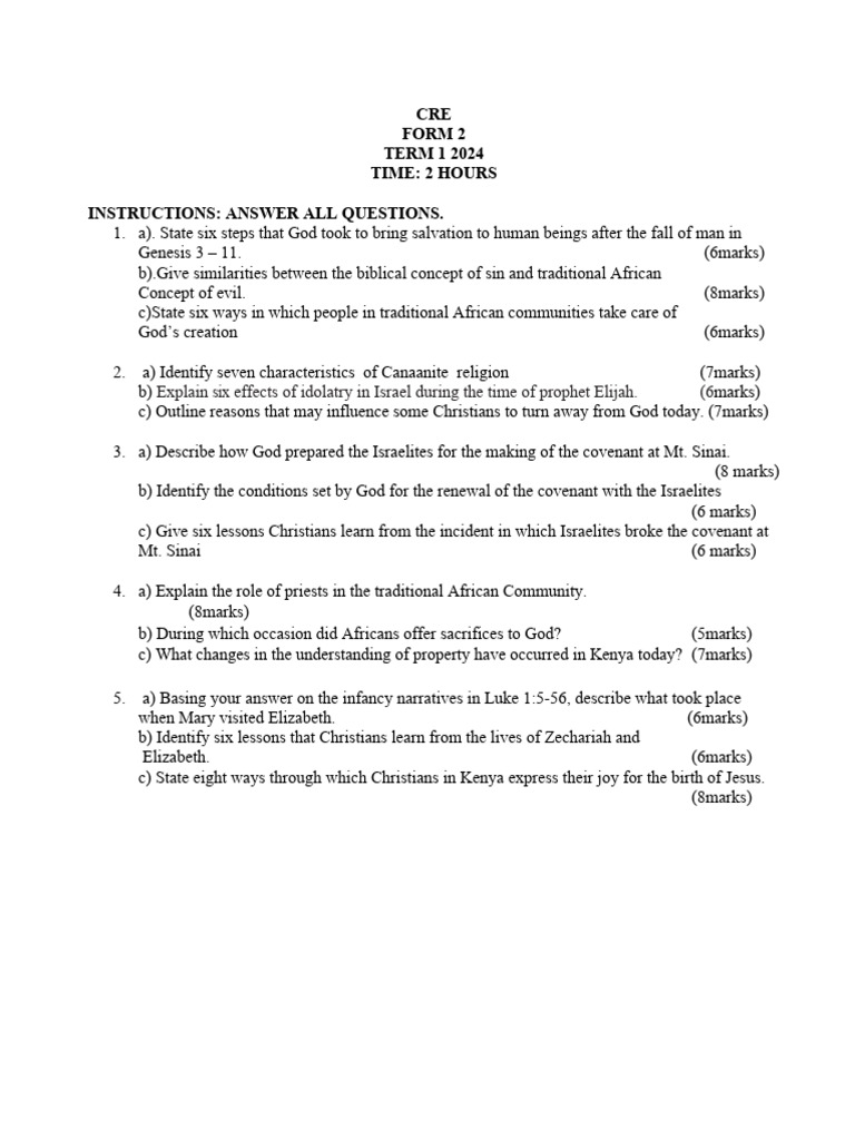 Form 2 Cre Question Paper Download Free Pdf Covenant Biblical