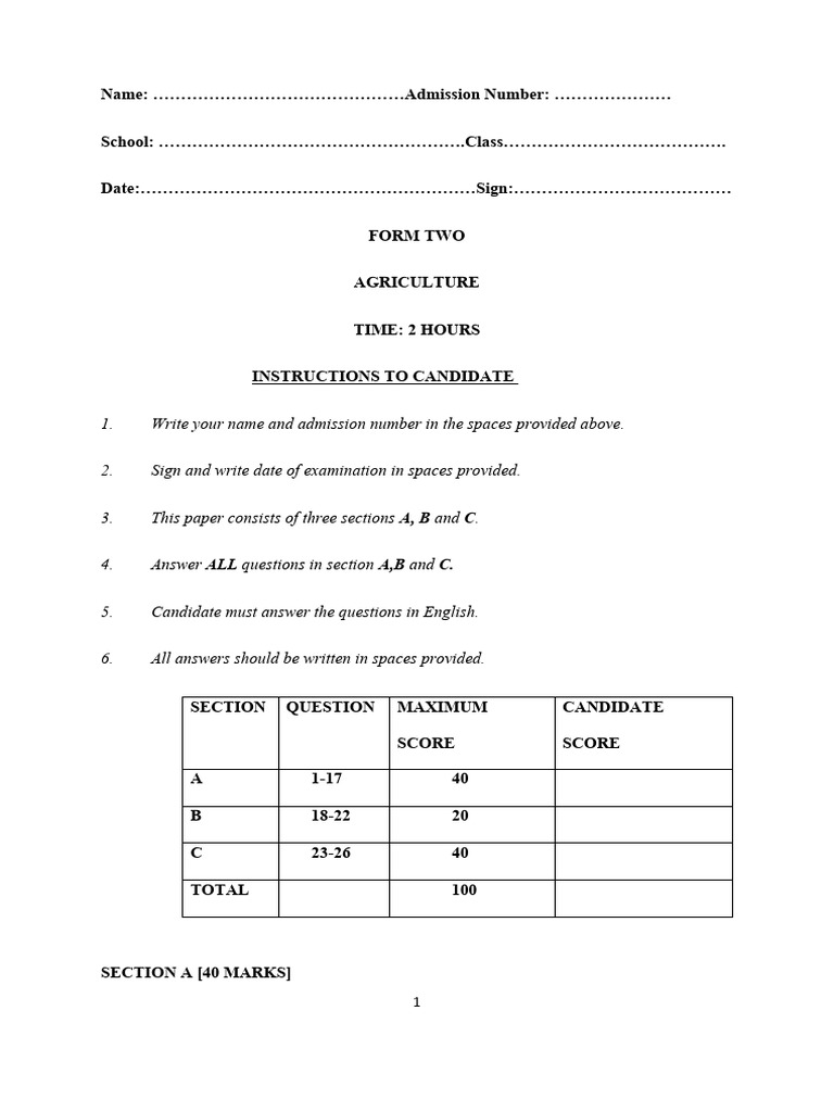 Form 2 Agriculture Exam Paper | PDF | Botany | Agricultural Science