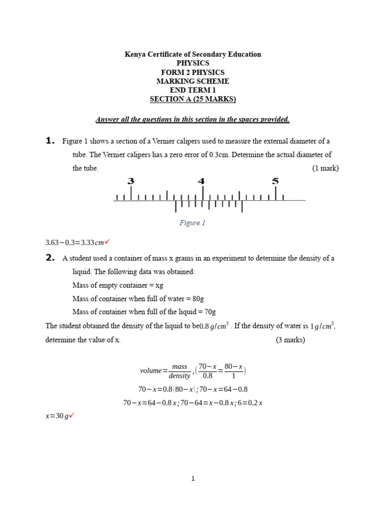 Form 2 - Physics - Marking Scheme | PDF | Pressure | Water