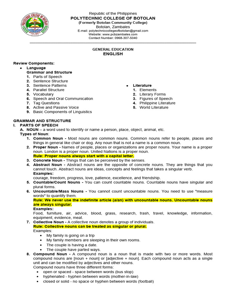 GenEd-English-Parts-of-Speech | PDF | Verb | Noun