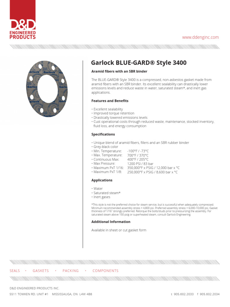 Garlock BLUE-GARD® Style 3400 Gasket | PDF | Gases | Energy Technology