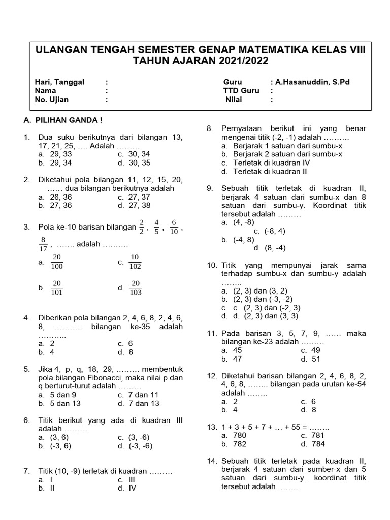 Soal PAT 2 MTK Kelas 8 TH 2021-2022 KRM | PDF