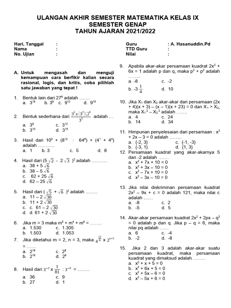 Soal PAS 2 MTK Kelas 9 Th 2021-2022 krm | PDF