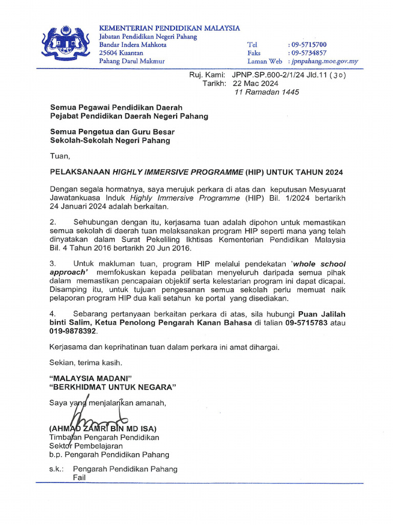 Pelaksanaan Highly Immersive Programme (Hip) Untuk Tahun 2024 | PDF