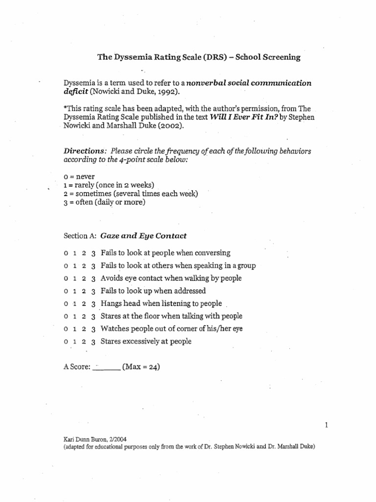 The Dyssemia Rating Scale (DRS) - School Screening Guide | PDF ...