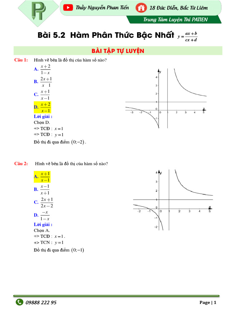 Chữa BTVN - Nhận Diện Đồ Thị Hàm Phân Thức Bậc Nhất (Lời Giải + Đáp Án) | PDF