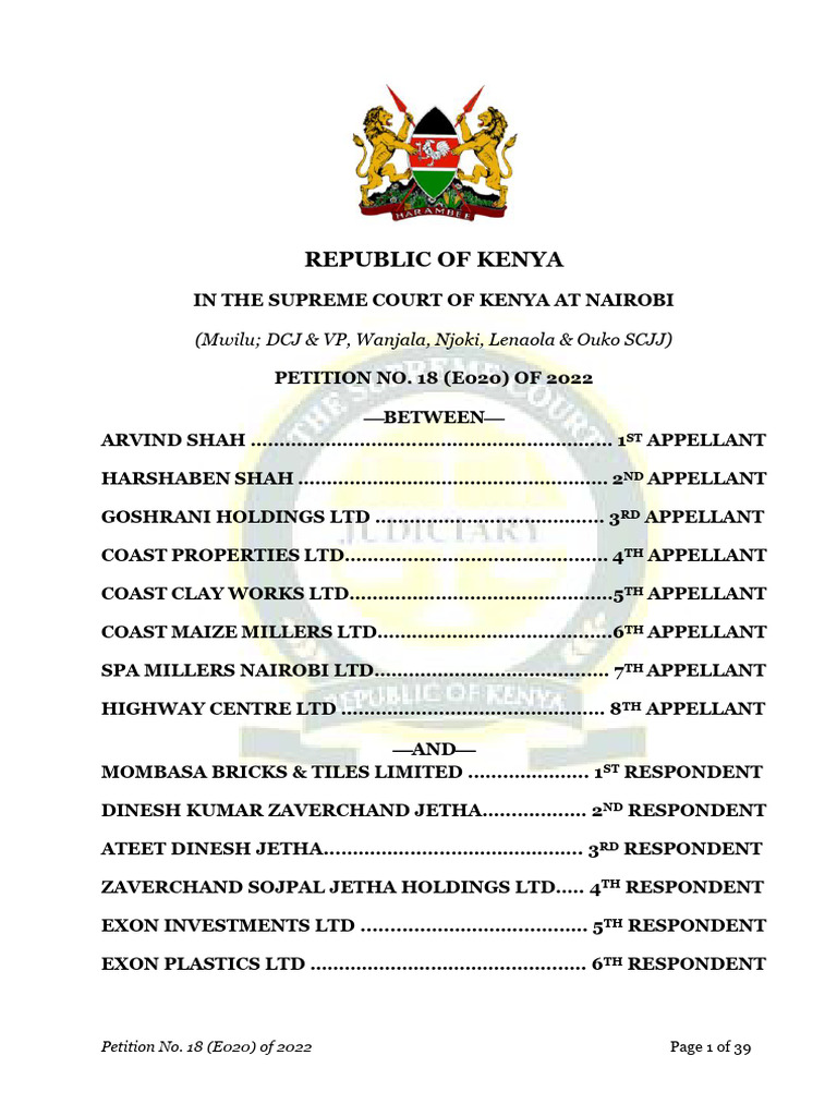 SC Petition 18 E020 of 2022 Arvind Shah Others Vs Mombasa Bricks Tiles ...