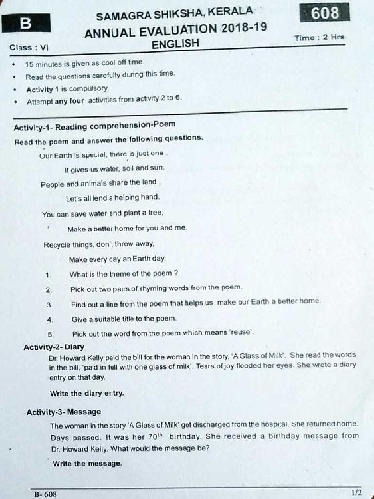 ENGLISH Question Paper Kerala Class 6 Annual Exam March 2019 | PDF