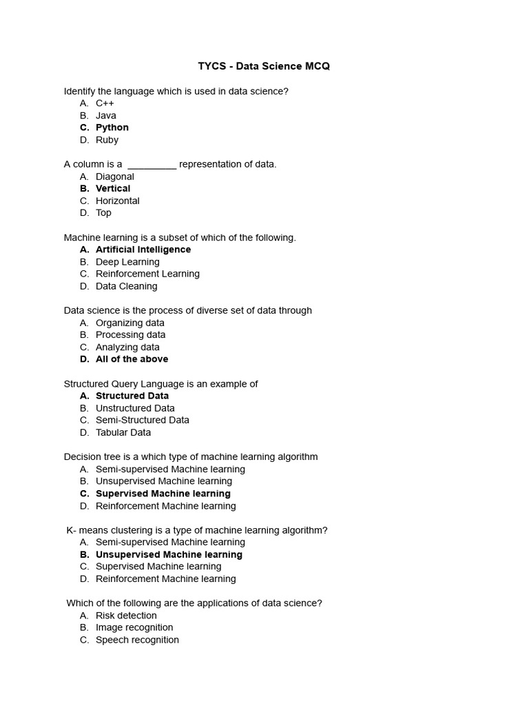 TYCS - Data Science MCQ | PDF | Machine Learning | Data Warehouse