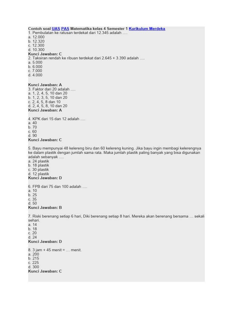 UAS MTK Kelas4 Sem1 | PDF | Metode & Bahan Ajar