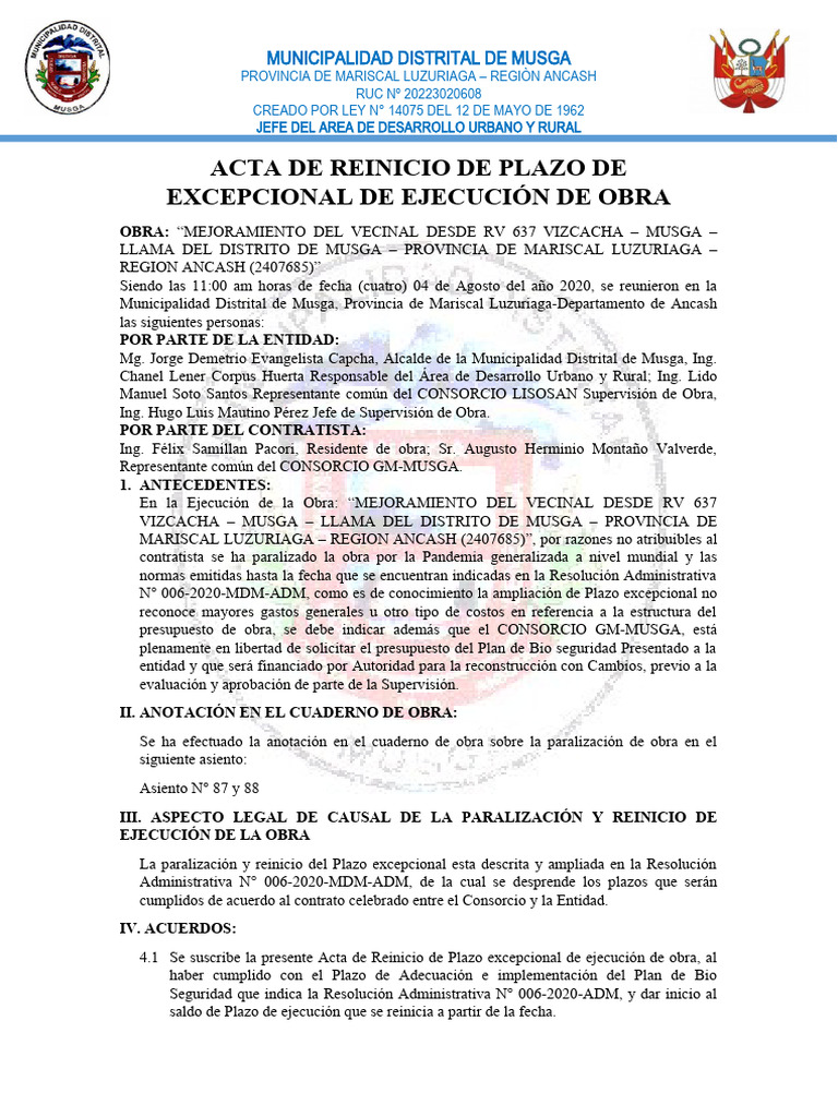 Acta de Reinicio de Plazo de Excepcional | PDF | Gobierno