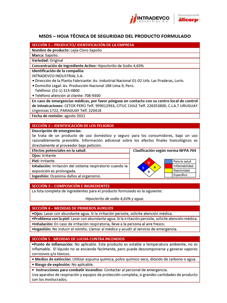 Hoja de Seguridad Lejía Cloro Sapolio | PDF | Cloro | Agua