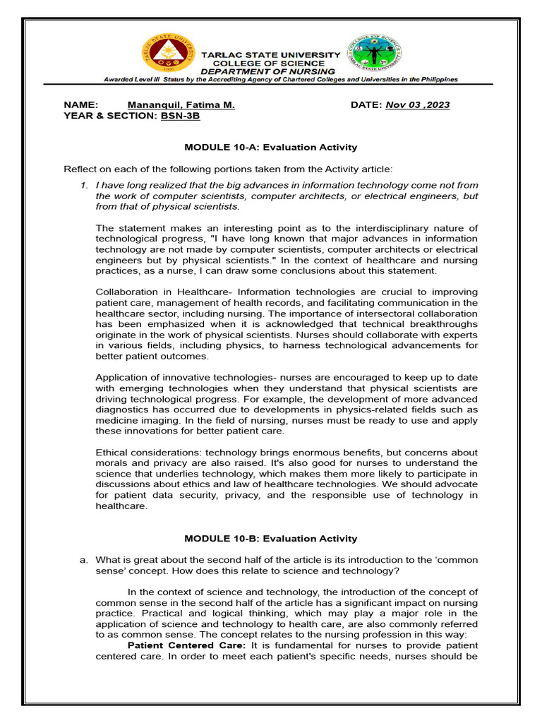 Mananquil Fatima Week 1011 Evaluation Activity | PDF | Health Informatics | Nursing