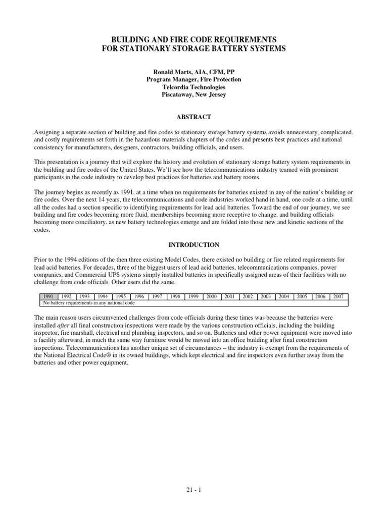 Battcom - BLDG & Fire Code Req Stationary Battery Systems - 2006 | PDF | Technology & Engineering
