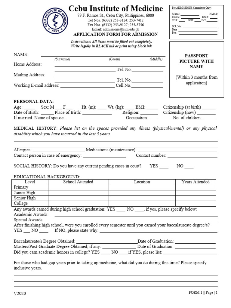 Cebu Institute of Medicine Admission Form | PDF | Medical School