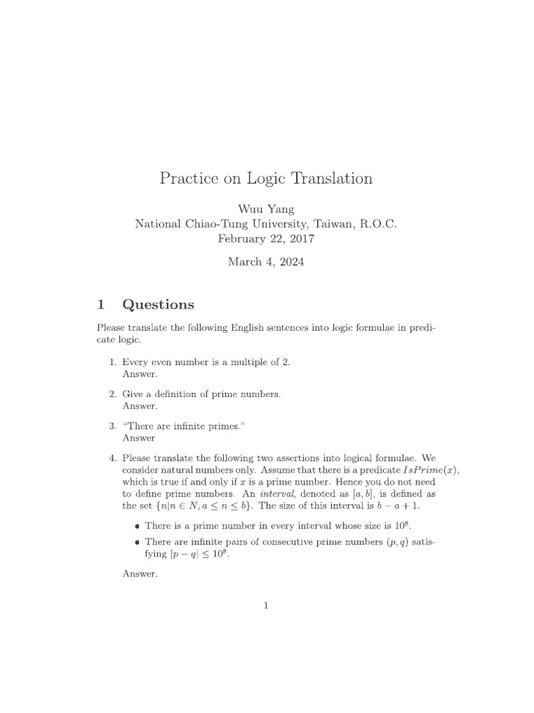 HW01 PRACTICE Logic Translation Discmath | PDF