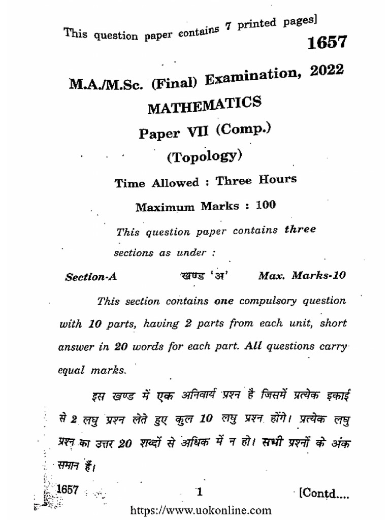 Topology M Sc Mathematics Final 2010 18 2020 22 Pdf
