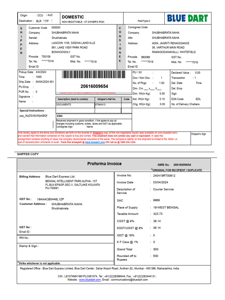 Bluedart HUF Doc Kolkata-Bangalore | PDF | Trade | Payments