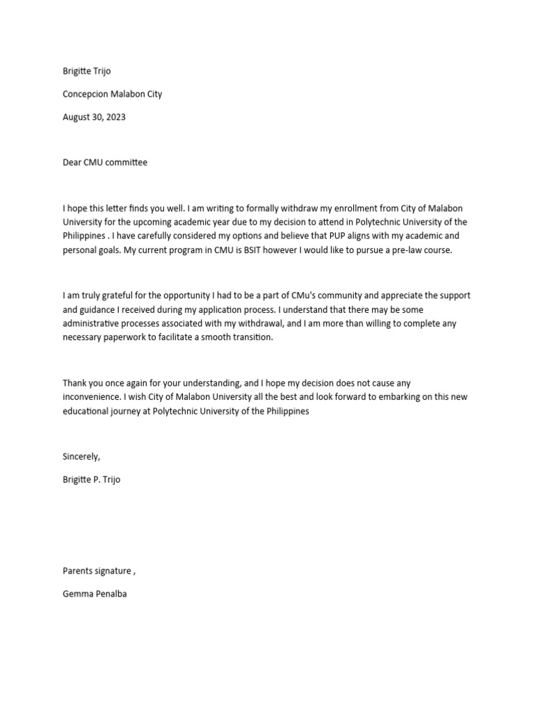 Withdrawal from CMU Enrollment Letter | PDF | Wellness | Lifestyle