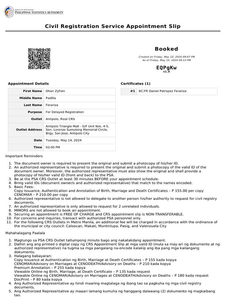 Civil Registration Service Appointment Slip | PDF