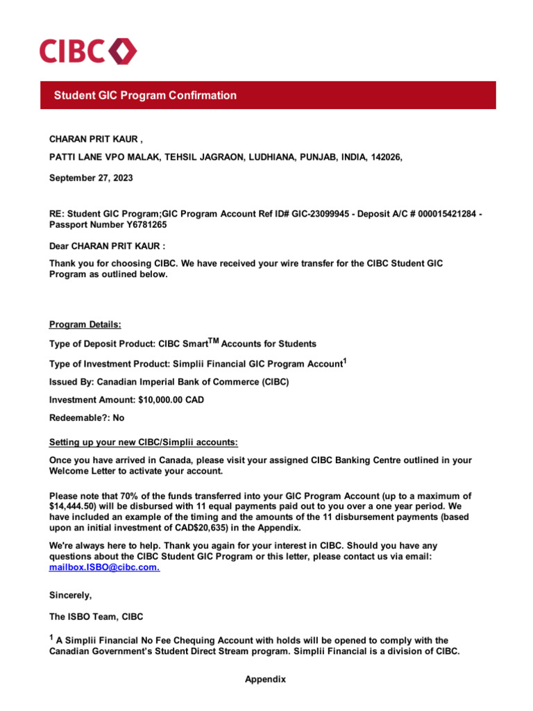 CIBC Student GIC Program Confirmation | PDF | Credit Card | Financial ...