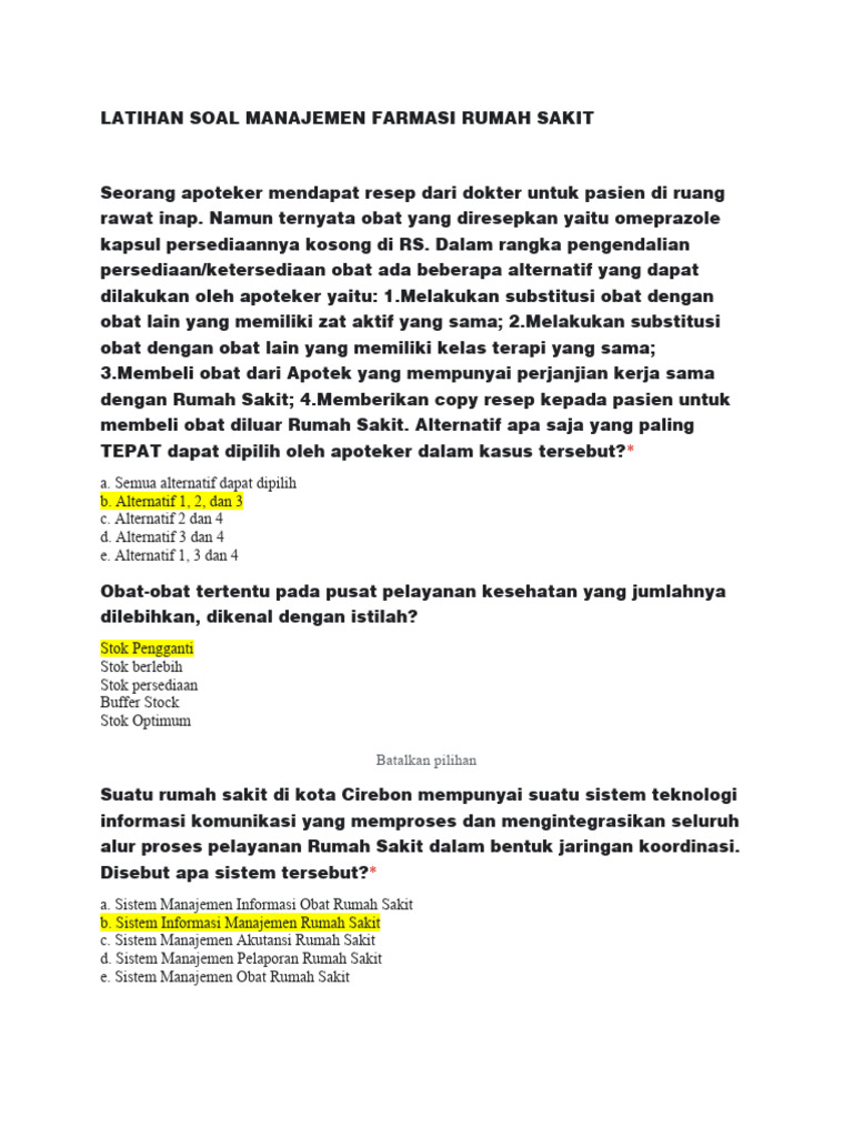 Latihan Soal Manajemen Farmasi Rumah Sakit | PDF | Pengembangan Diri | Sains & Matematika