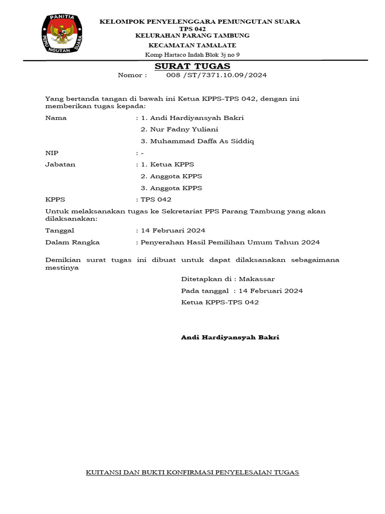 Surat Tugas KPPS TPS 042 | PDF