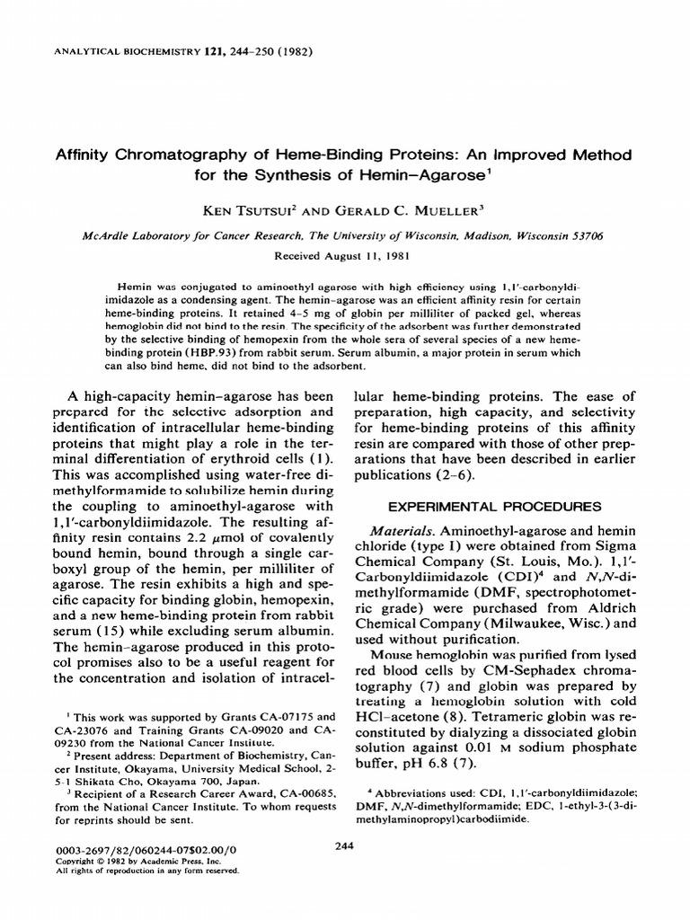 Affiniti Chromatography Of Heme Binding Proteins An Improved Method For