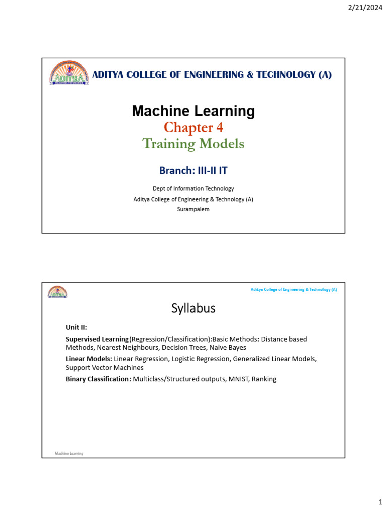 Unit II - 1 - Chapter 4 - Training Models | PDF | Linear Regression | Logistic Regression