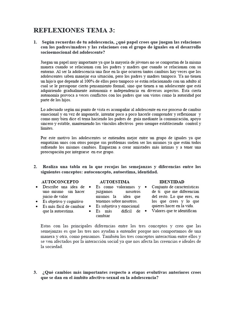 Reflexiones Tema 3 | Descargar gratis PDF | Adolescencia | Autoestima