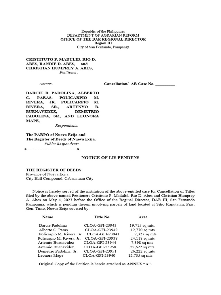 ALI-Abes-Notice-of-lis-pendens | PDF | Civil Law (Common Law) | Common Law