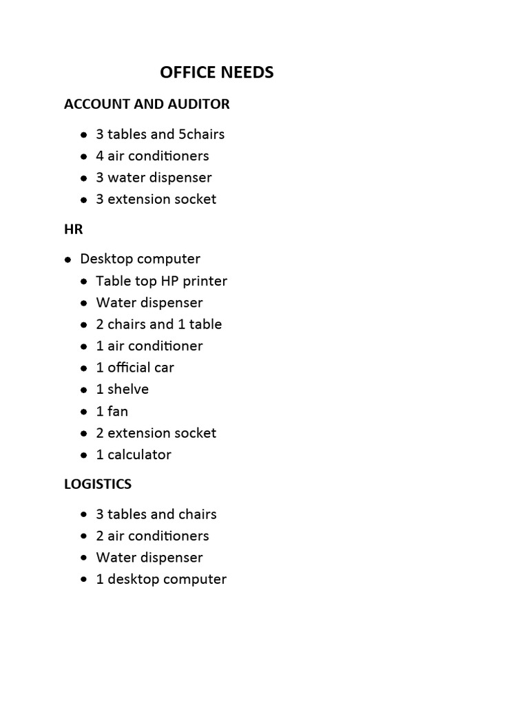 Office Equipment and Needs List | PDF | Technology & Engineering