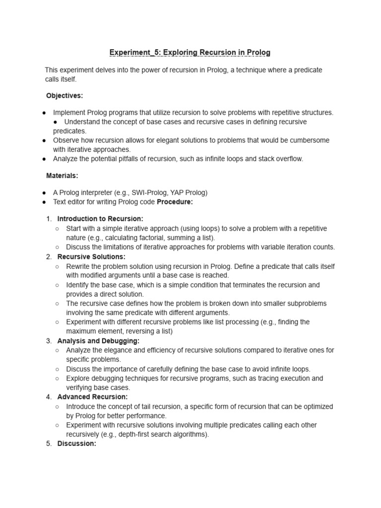 Experiment - 5: Exploring Recursion in Prolog: Objectives | PDF ...