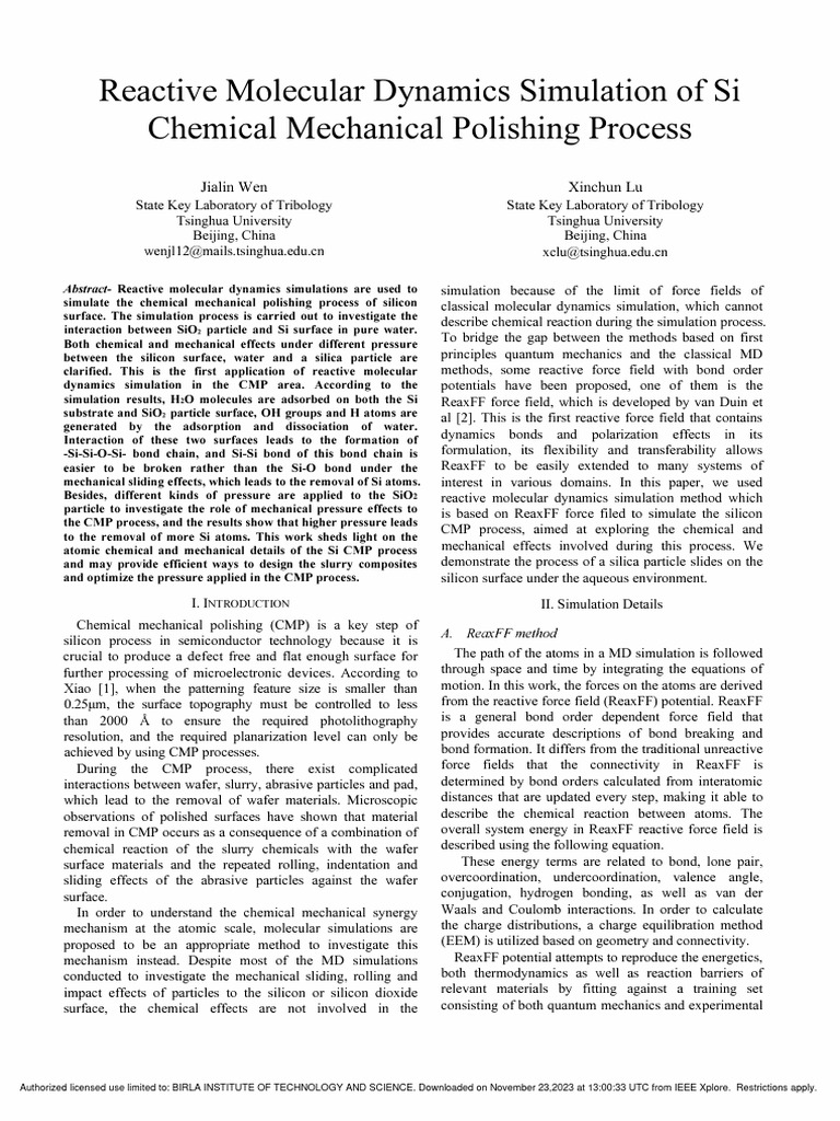 Reactive Molecular Dynamics Simulation Of Si Pdf Molecular Dynamics