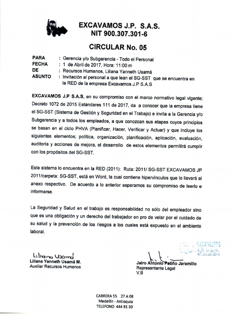 Circular No. 05 Comunicado SG-SST | PDF