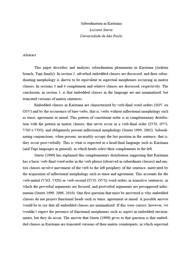 Subordination Analysis in Karitiana Language | PDF | Clause | Verb