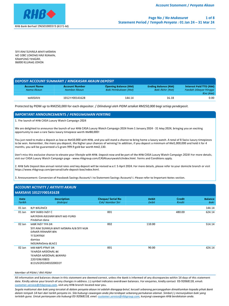 RH B Statement | PDF | Banks | Overdraft