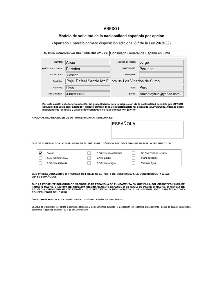 Anexo 1-Solicitud de Nacionalidad Española | PDF | España | Documento de identidad