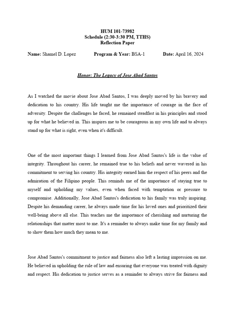 Reflection on Jose Abad Santos' Legacy | PDF | Courage | Psychology