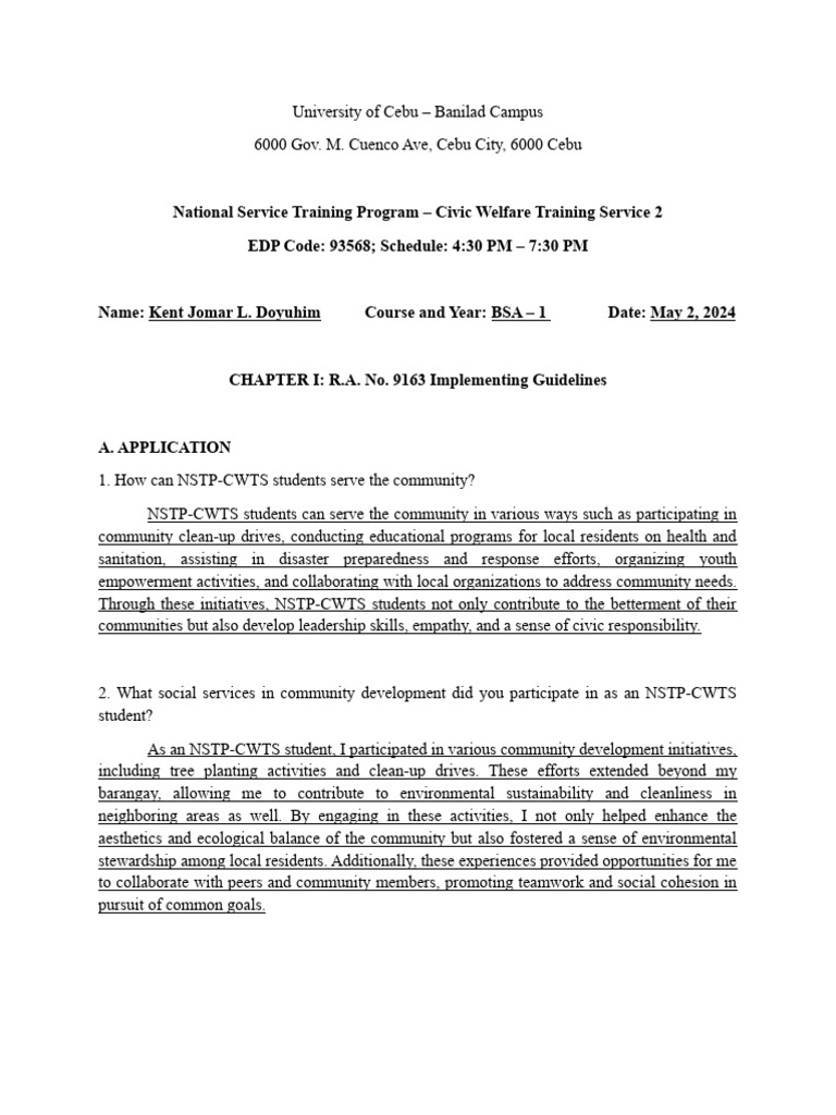 Doyuhim NSTP CWTS 102 Chapter 1 3 Activities | PDF | Community ...