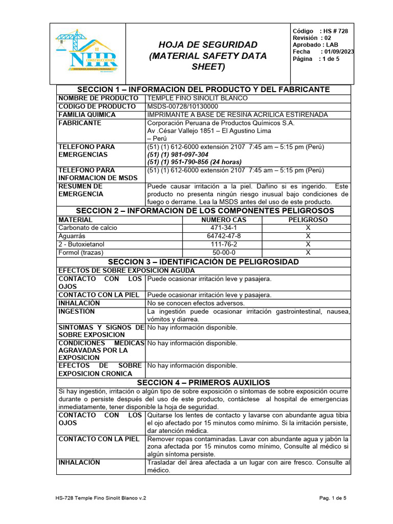 Hoja de Seguridad Material Temple | PDF | Agua