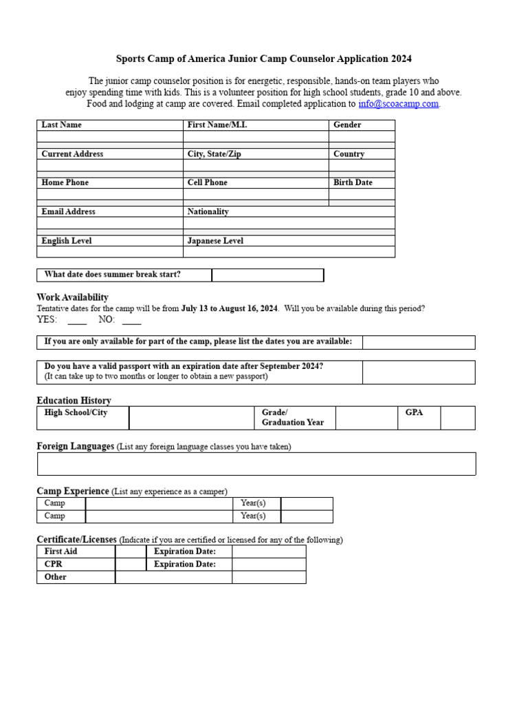 SCOA Junior Counselor Application 2024-1 | PDF