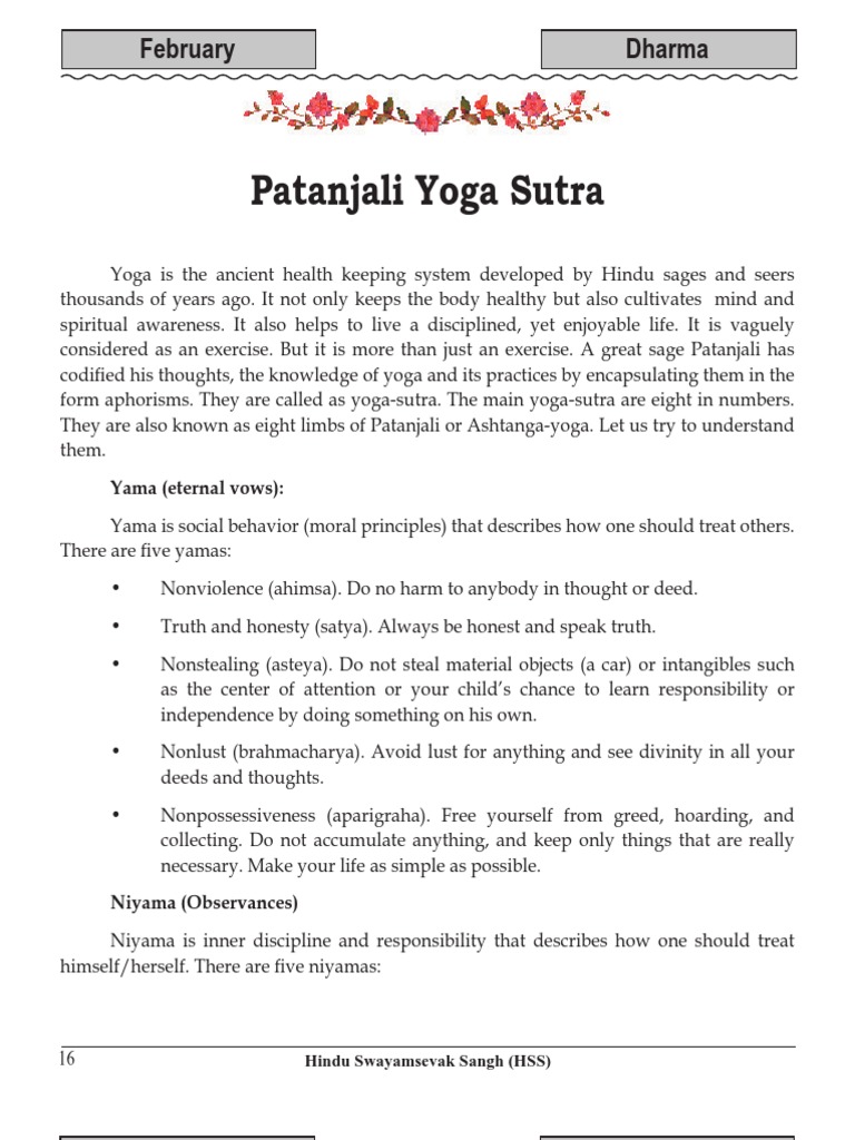 Patanjali Yoga Sutra: Dharma February | PDF | Asana | Meditation
