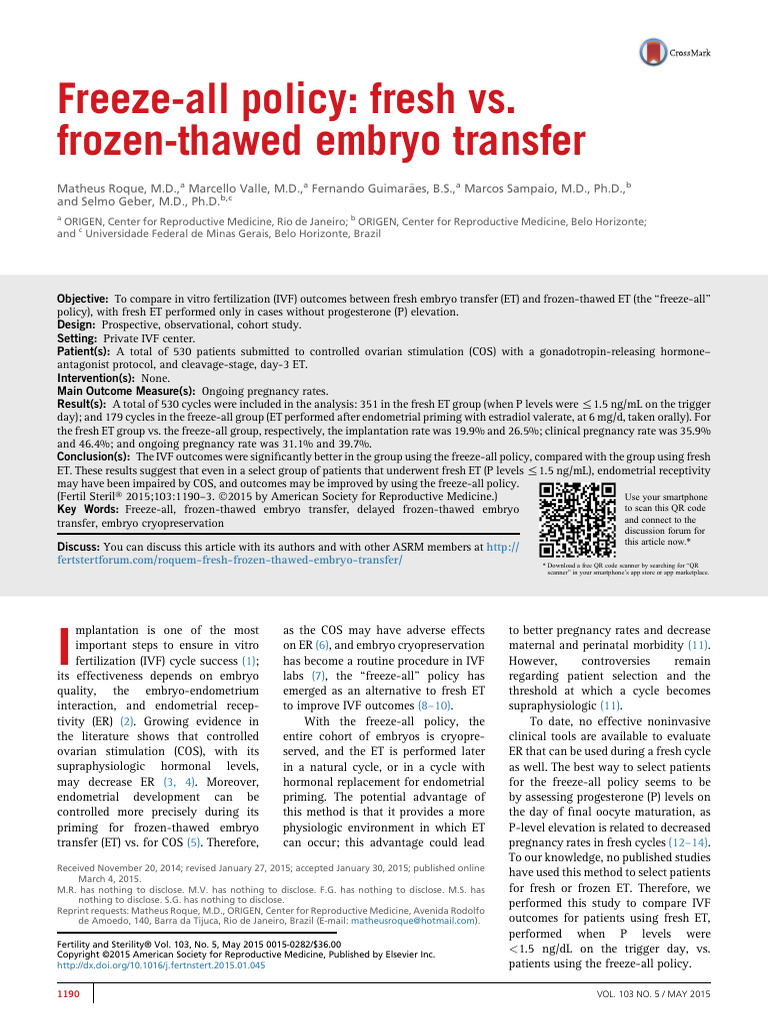 Freeze All Policy Fresh Vs Frozen Thawed Embryo T 2015 Fertility and ...