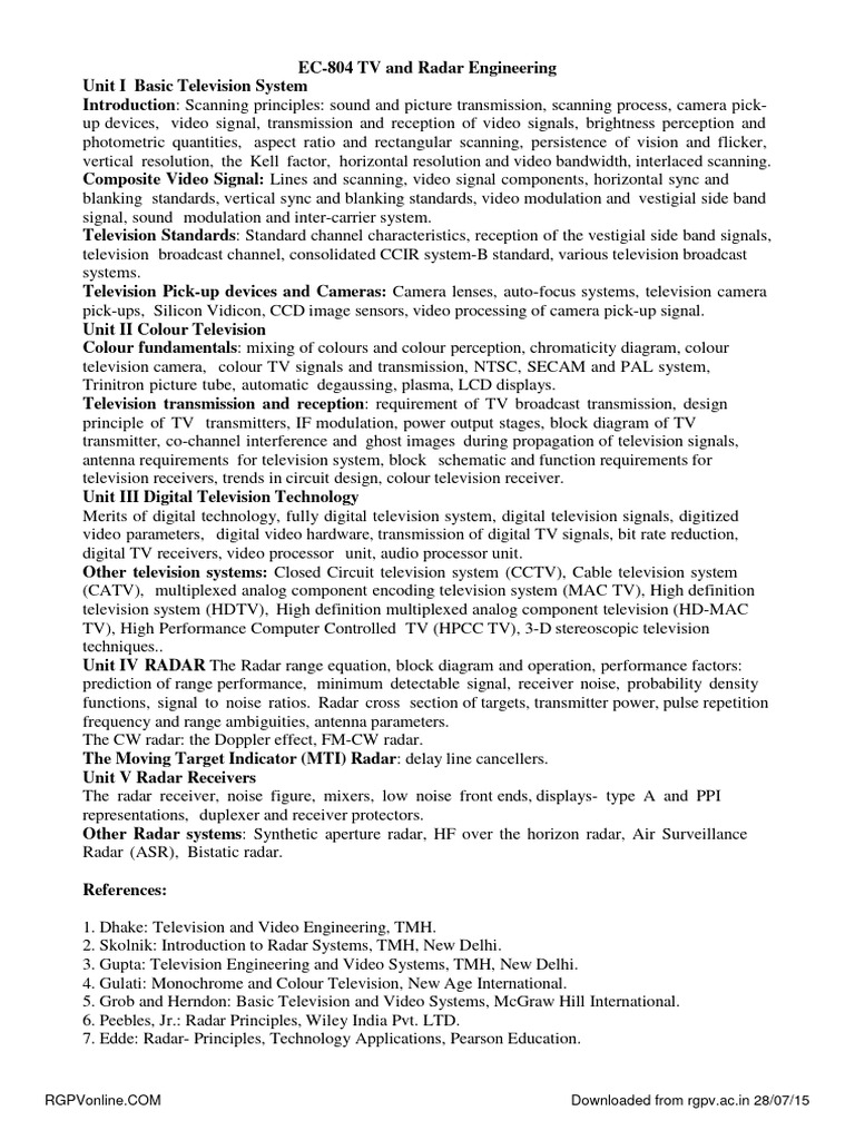 RGPV Syllabus Grading Ec 804 TV and Radar Engineering | PDF ...