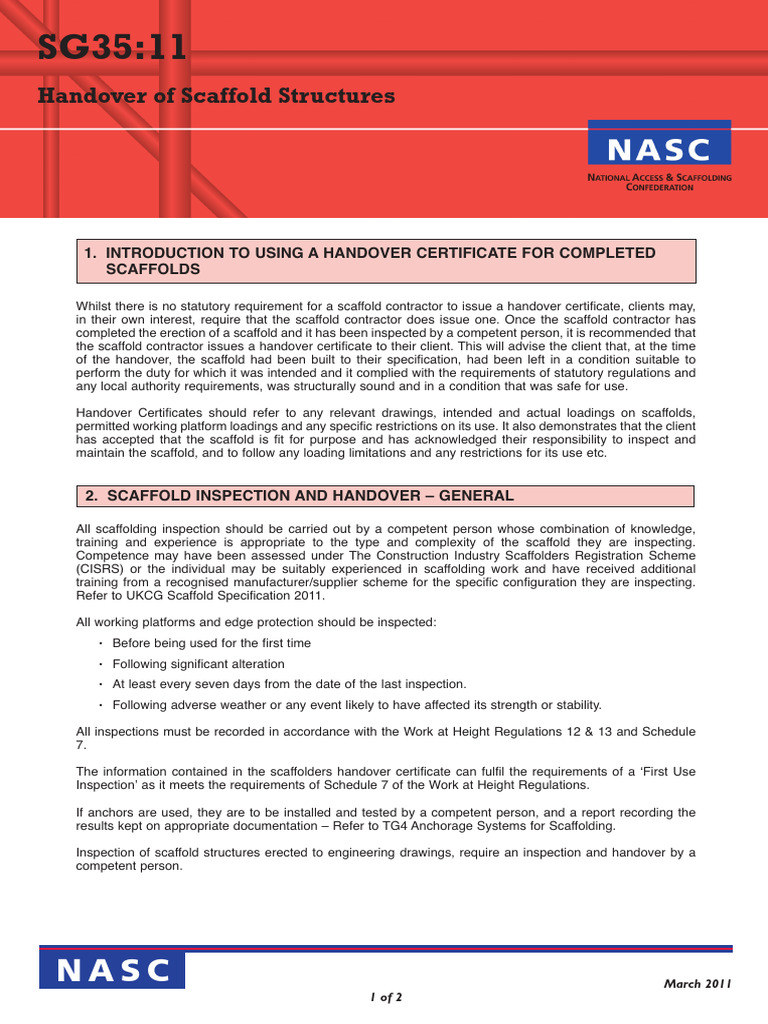 SG 35 11 NASC Handover of Scaffold Structures | PDF | Scaffolding