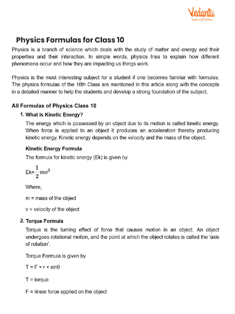 Physics Formulas For Class 10 | PDF