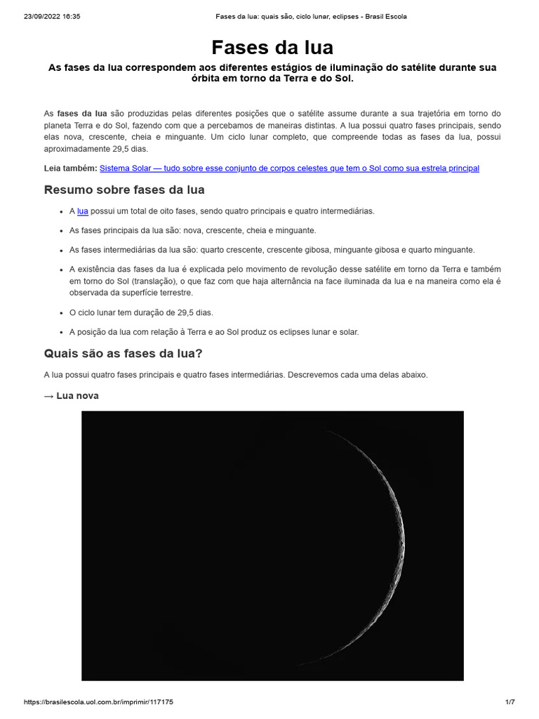 Fases Da Lua - Quais São, Ciclo Lunar, Eclipses - Brasil Escola | PDF | Lua | Eclipse