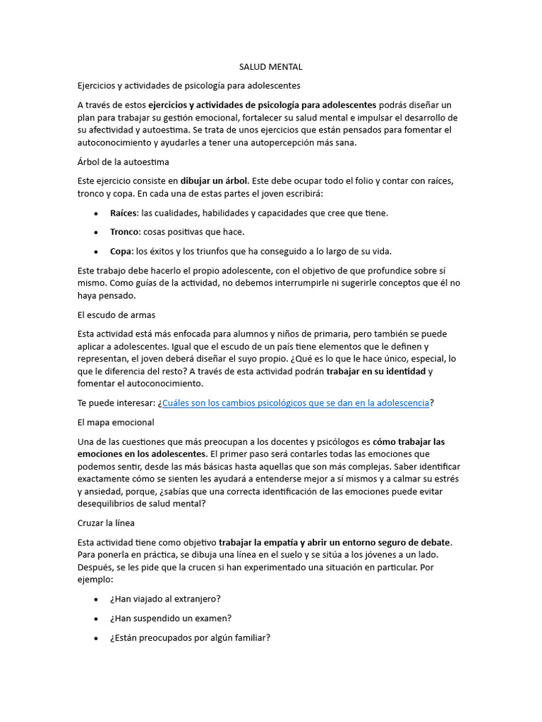 Ejercicios Psicológicos para Adolescentes | PDF | Las emociones | Salud ...